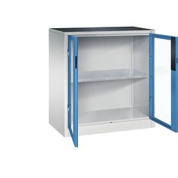 C+P Sichtfenster-Flügeltürschrank, HxBxT 1000 x 930 x 500 mm, 1 Fachboden, lichtgrau / lichtblau
