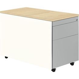 Mauser Schubladencontainer mit Rollen, HxT 579 x 800 mm, Kunststoffplatte, 1 Materialschub, 1 Hängeregistratur, reinweiß / weißaluminium / Ahorn