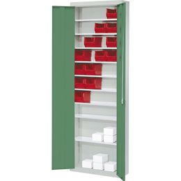 Mauser Magazinschrank, ohne Sichtlagerkästen, HxBxT 2150 x 680 x 280 mm, zweifarbig, Korpus grau, Türen grün