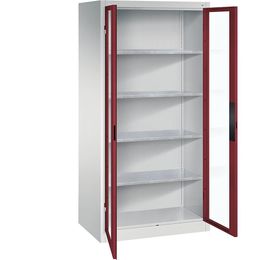 C+P Sichtfenster-Flügeltürschrank, HxBxT 1950 x 930 x 600 mm, 4 Fachböden, lichtgrau / rubinrot