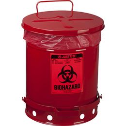 Justrite Stahlblech-Sicherheits-Entsorgungsbeh&auml;lter f&uuml;r biogef&auml;hrliche Abf&auml;lle, BIOHAZARD-Aufkleber, Volumen 34 l, mit Pedal, rot, ab 5 Stk