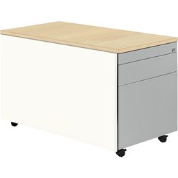 Mauser Schubladencontainer mit Rollen, HxT 529 x 800 mm, 1 Materialschub, 1 Hängeregistratur, reinweiß / weißaluminium / Ahorn
