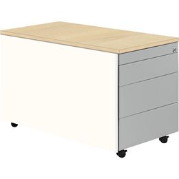 Mauser Schubladencontainer mit Rollen, HxT 529 x 800 mm, Kunststoffplatte, 3 Schubladen, reinweiß / weißaluminium / Ahorn