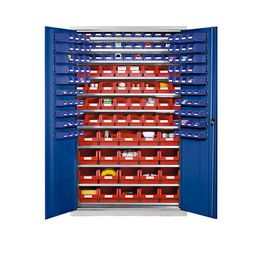 eurokraft pro Großraumschrank aus Stahlblech, mit 10 Fachböden, 165 Sichtlagerkästen, Korpus lichtgrau, Türfarbe Enzianblau