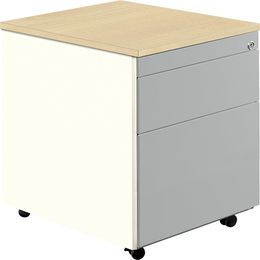 Mauser Schubladencontainer mit Rollen, HxT 579 x 600 mm, 1 Materialschub, 1 Hängeregistratur, reinweiß / weißaluminium / Ahorn