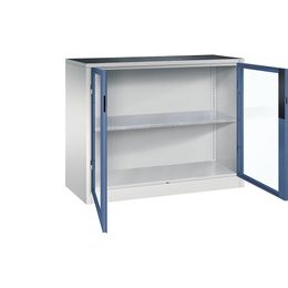 C+P Sichtfenster-Flügeltürschrank, HxBxT 1000 x 1200 x 500 mm, 1 Fachboden, lichtgrau / fernblau