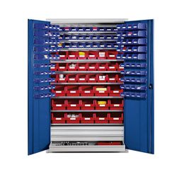 eurokraft pro Großraumschrank aus Stahlblech, mit 9 Fachböden, 152 Sichtlagerkästen und 3 Schubladen, Korpus lichtgrau, Türfarbe Enzianblau