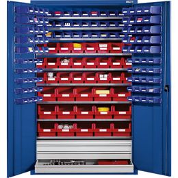 eurokraft pro Großraumschrank aus Stahlblech, mit 9 Fachböden, 152 Sichtlagerkästen und 3 Schubladen, Korpus- und Türfarbe Enzianblau