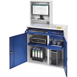 Rau Computer-Arbeitsstation, Monitorgehäuse, 1 Ausziehboden, 2 Schubladen, Breite 1100 mm, lichtgRau / enzianblau