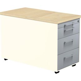 Mauser Schubladencontainer auf Rollen, HxT 529 x 800 mm, 3 Schubladen, reinweiß / alusilber / Ahorn