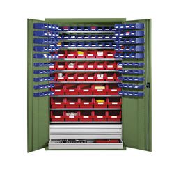 eurokraft pro Großraumschrank aus Stahlblech, mit 9 Fachböden, 152 Sichtlagerkästen und 3 Schubladen, Korpus- und Türfarbe Resedagrün
