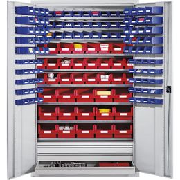 eurokraft pro Großraumschrank aus Stahlblech, mit 9 Fachböden, 152 Sichtlagerkästen und 3 Schubladen, Korpus- und Türfarbe Lichtgrau