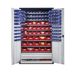 eurokraft pro Großraumschrank aus Stahlblech, mit 9 Fachböden, 152 Sichtlagerkästen und 3 Schubladen, Korpus tiefschwarz, Türfarbe Lichtgrau