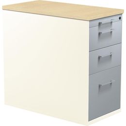 Mauser Schubladencontainer mit Sockel, Höhe 720 mm, 2 Materialschübe, 1 Hängeregistratur, reinweiß / alusilber / Ahorn