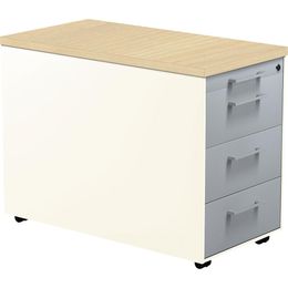 Mauser Schubladencontainer auf Rollen, HxT 579 x 800 mm, 3 Schubladen, reinweiß / alusilber / Ahorn