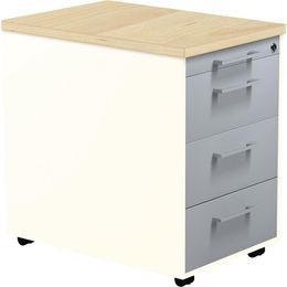Mauser Schubladencontainer auf Rollen, HxT 579 x 600 mm, 3 Schubladen, reinweiß / alusilber / Ahorn