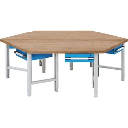 eurokraft pro Gruppen-Werkbank, 6 Arbeitsplätze, 6 Schubladen, Höhe 790 - 1140 mm