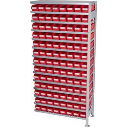 STEMO Steckregal mit Regalkästen, Regalhöhe 2100 mm, Anbauregal, Tiefe 300 mm, 104 Kästen rot