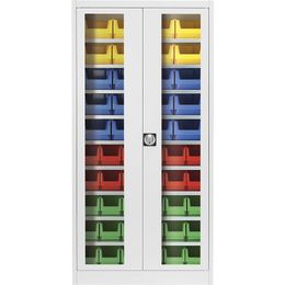 Mauser Sichtfenster-Flügeltürenschrank, mit 50 Sichtlagerkästen, lichtgrau