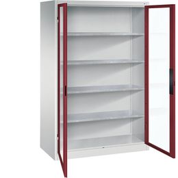 C+P Sichtfenster-Flügeltürschrank, HxBxT 1950 x 1200 x 600 mm, 4 Fachböden, lichtgrau / rubinrot