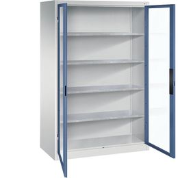 C+P Sichtfenster-Flügeltürschrank, HxBxT 1950 x 1200 x 600 mm, 4 Fachböden, lichtgrau / fernblau