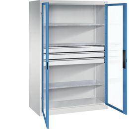 C+P Sichtfenster-Flügeltürschrank, HxBxT 1950 x 1200 x 600 mm, 3 Fachböden, 3 Schubladen, lichtgrau / lichtblau