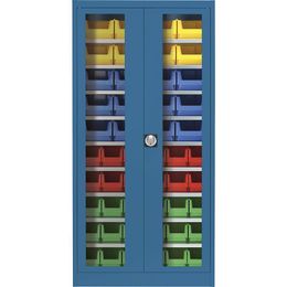 Mauser Sichtfenster-Flügeltürenschrank, mit 50 Sichtlagerkästen, brillantblau