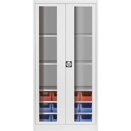 Mauser Sichtfenster-Flügeltürenschrank, mit 12 Sichtlagerkästen, lichtgrau
