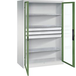 C+P Sichtfenster-Flügeltürschrank, HxBxT 1950 x 1200 x 600 mm, 3 Fachböden, 3 Schubladen, lichtgrau / resedagrün