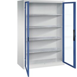 C+P Sichtfenster-Flügeltürschrank, HxBxT 1950 x 1200 x 600 mm, 4 Fachböden, lichtgrau / enzianblau