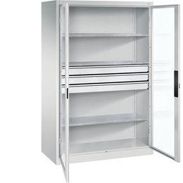 C+P Sichtfenster-Flügeltürschrank, HxBxT 1950 x 1200 x 600 mm, 3 Fachböden, 3 Schubladen, lichtgrau / lichtgrau