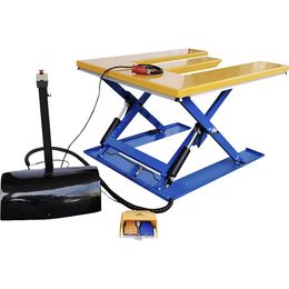 eurokraft basic Flachform-Hubtisch, E-Form, Tragfähigkeit 1200 kg, Fuß-Bedienelement