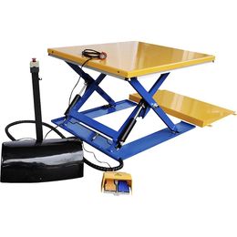 eurokraft basic Flachform-Hubtisch, G-Form, Tragfähigkeit 1200 kg, Fuß-Bedienelement