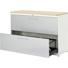 Mauser Hängeregistraturschrank, Kunststoffplatte, 2 Auszüge, 3-bahnig, mit Dämpfung, reinweiß / weißaluminium / Ahorn