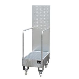 eurokraft pro Fahrbare Auffangwanne mit Lochplattenwand, 2 x 60-l-Fass stehend hintereinander, LxBxH 875 x 500 x 1685 mm, feuerverzinkt