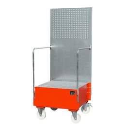 eurokraft pro Fahrbare Auffangwanne mit Lochplattenwand, 1 x 200-l-Fass stehend, LxBxH 870 x 890 x 2110 mm, feuerrot