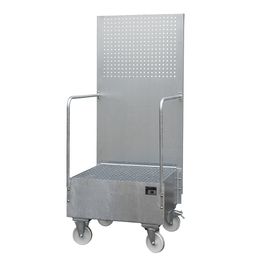 eurokraft pro Fahrbare Auffangwanne mit Lochplattenwand, 1 x 200-l-Fass stehend, LxBxH 870 x 890 x 2110 mm, feuerverzinkt