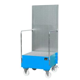 eurokraft pro Fahrbare Auffangwanne mit Lochplattenwand, 1 x 200-l-Fass stehend, LxBxH 870 x 890 x 2110 mm, lichtblau