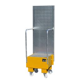 eurokraft pro Fahrbare Auffangwanne mit Lochplattenwand, 1 x 60-l-Fass stehend, LxBxH 570 x 590 x 1775 mm, gelborange