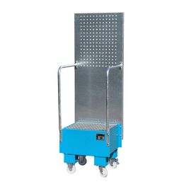 eurokraft pro Fahrbare Auffangwanne mit Lochplattenwand, 1 x 60-l-Fass stehend, LxBxH 570 x 590 x 1775 mm, lichtblau