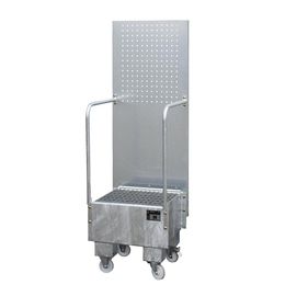 eurokraft pro Fahrbare Auffangwanne mit Lochplattenwand, 1 x 60-l-Fass stehend, LxBxH 570 x 590 x 1775 mm, feuerverzinkt