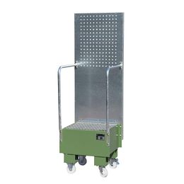 eurokraft pro Fahrbare Auffangwanne mit Lochplattenwand, 1 x 60-l-Fass stehend, LxBxH 570 x 590 x 1775 mm, resedagrün
