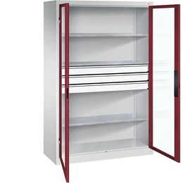 C+P Sichtfenster-Flügeltürschrank, HxBxT 1950 x 1200 x 500 mm, 3 Fachböden, 3 Schubladen, lichtgrau / rubinrot
