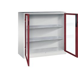 C+P Sichtfenster-Flügeltürschrank, HxBxT 1200 x 1200 x 500 mm, 2 Fachböden, lichtgrau / rubinrot