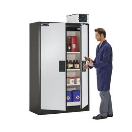 ASECOS Feuerbeständiger Gefahrstoffschrank Typ 90, halbautomatisch, mit 3 Fachböden, Türfarbe Grau