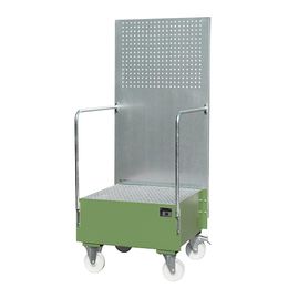 eurokraft pro Fahrbare Auffangwanne mit Lochplattenwand, 1 x 200-l-Fass stehend, LxBxH 870 x 890 x 2110 mm, resedagrün