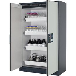 ASECOS Feuerbeständiger Gefahrstoffschrank Typ 90, halbautomatisch, mit 4 Schubladen, Türfarbe Grau