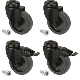 Proroll Gummireifen schwarz, thermoplastisch, mit Rückenloch, Set-Angebot, 4 Lenkrollen, davon 2 mit Doppelstopp, Rad-Ø x Breite 75 x 23 mm