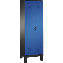 C+P EVOLO Aufbewahrungsschrank, zueinander schlagende Türen, mit Füßen, 1 Abteil, Breite 600 mm, mit 4 Fachböden, schwarzgrau / enzianblau