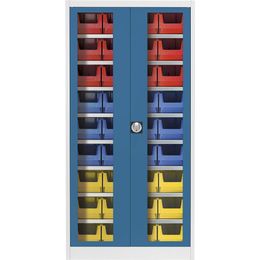 Mauser Sichtfenster-Flügeltürenschrank, mit 36 Sichtlagerkästen, lichtgrau / brillantblau